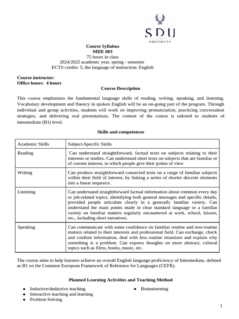 B1 2025 Spring Syllabus New[1] | PDF | Verb | Adjective