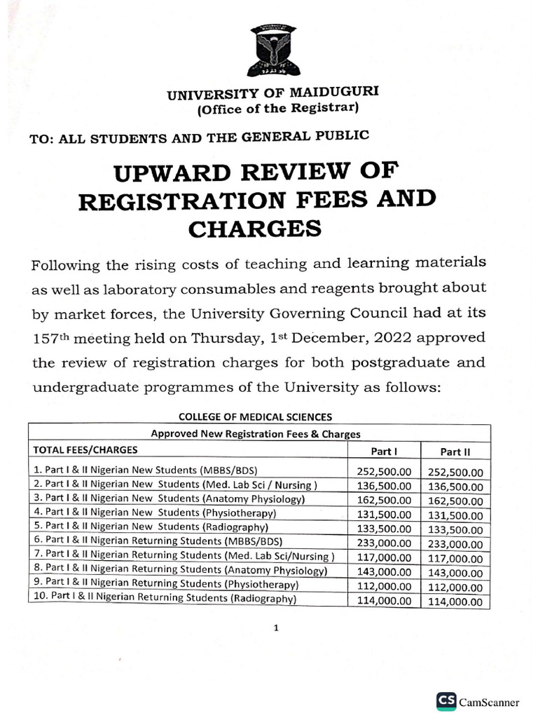Unimaid Registration Fee REVIEW 2023 - 011526 | PDF