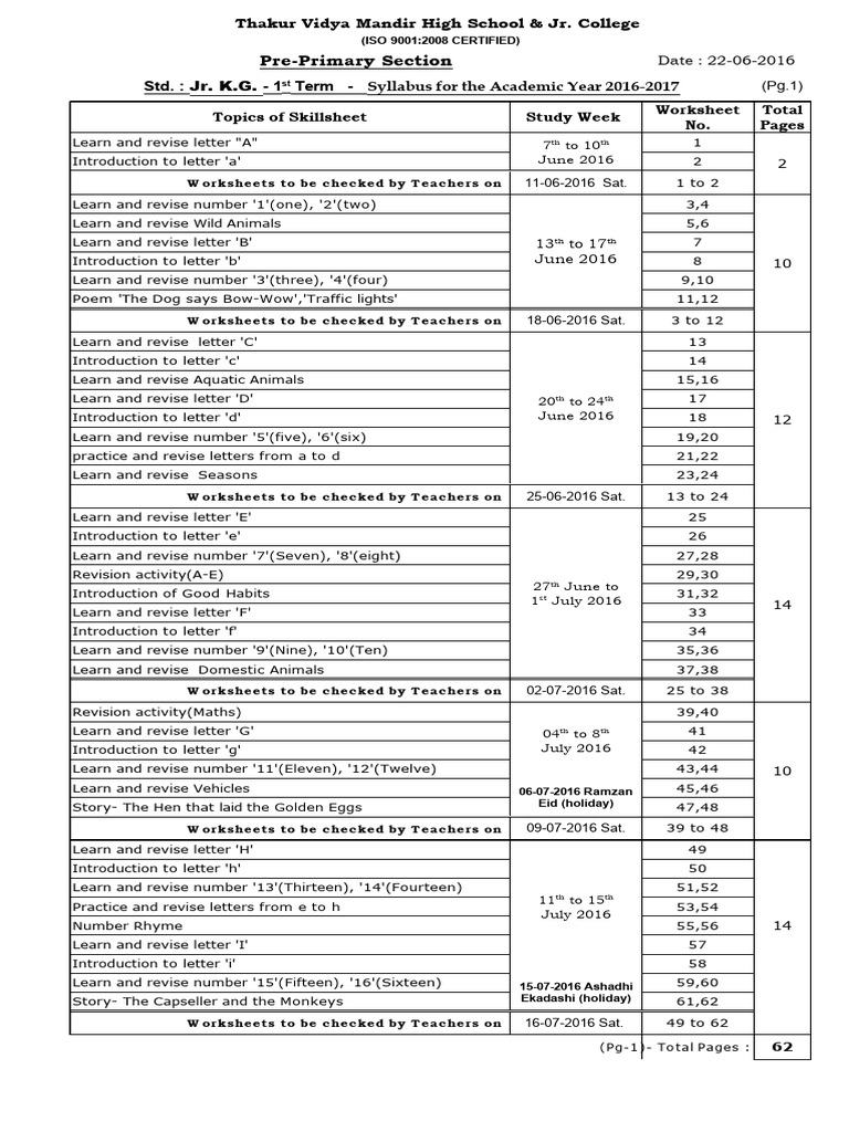 JR - Kg. Syllabus 2016 17 Yearly | PDF