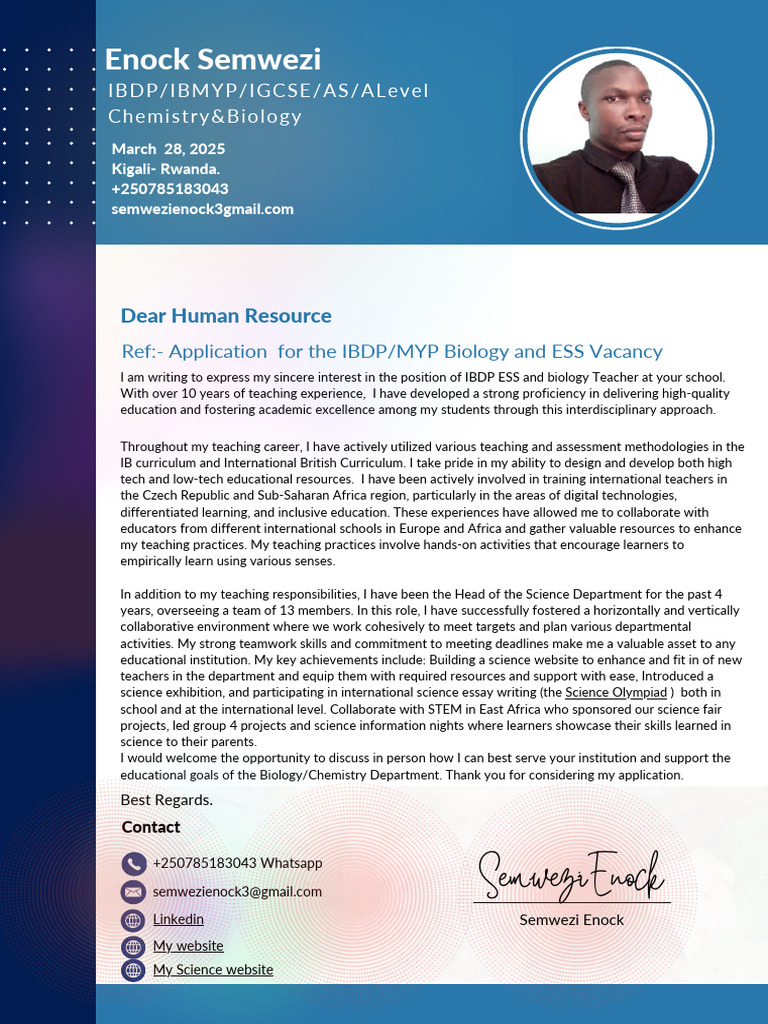 Enock Biology and ESS Cover Letter | PDF | Science | Teachers