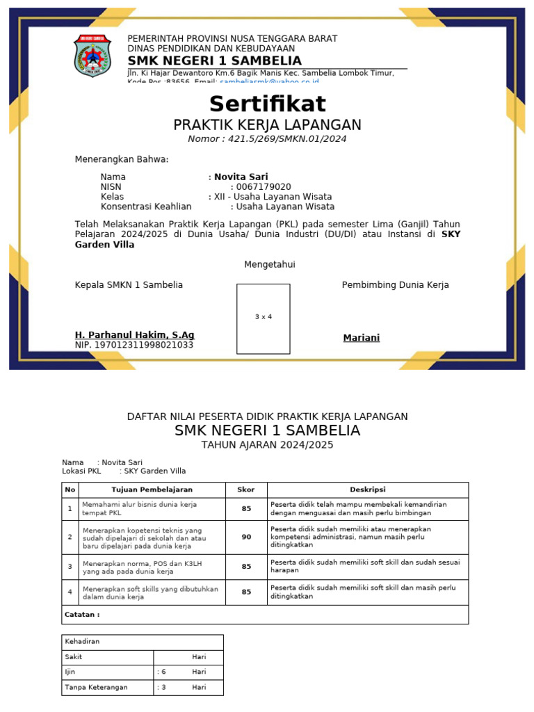 Format Sertifikat PKL | PDF