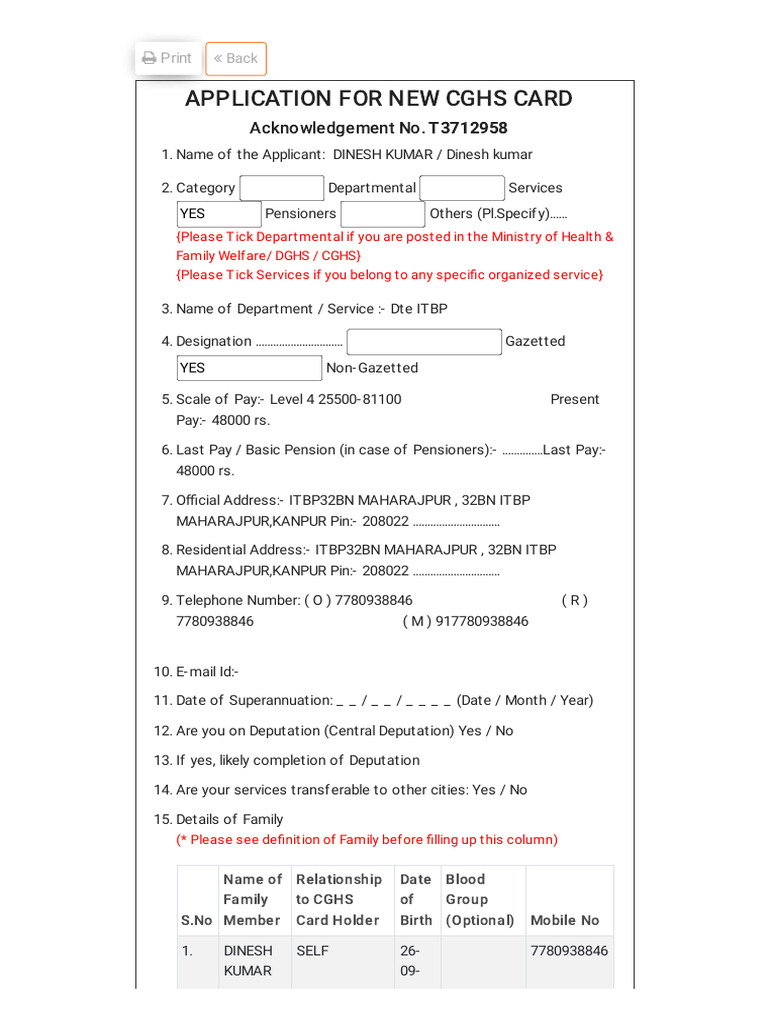 Application for New CGHS Card (1) | PDF