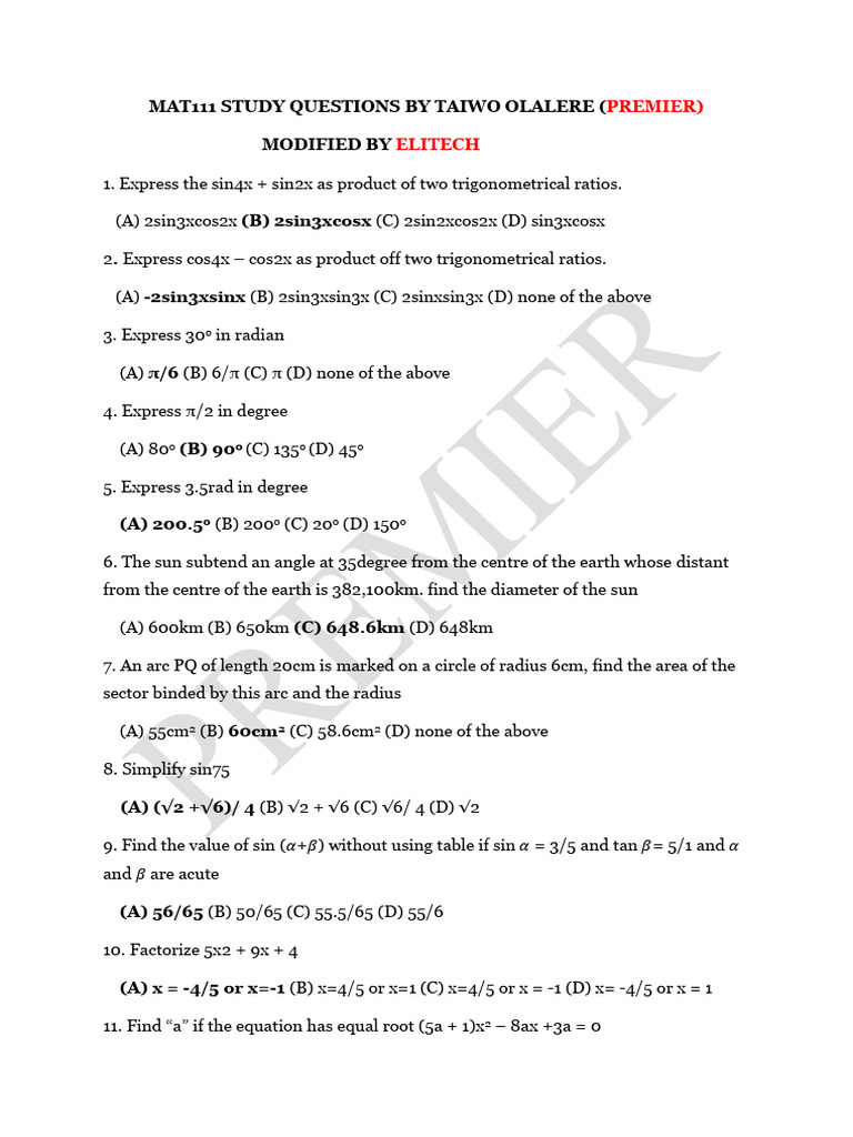 Mat111 Past Questions by Premier | PDF | Mathematical Objects | Mathematics