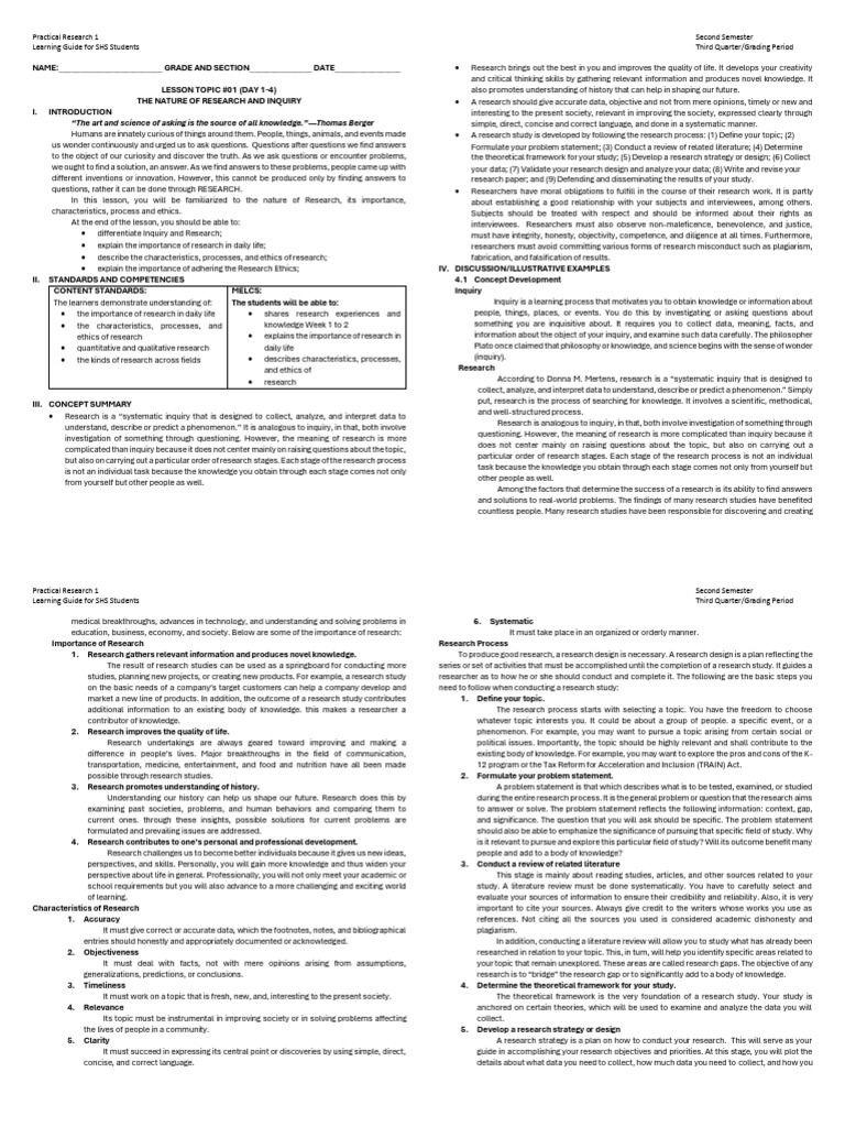 Compilation of Lesson and Activities PR1 | PDF | Qualitative Research | Quantitative Research