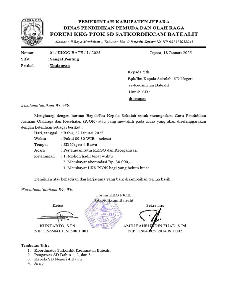 Undangan Rapat KKG PJOK Batealit | PDF