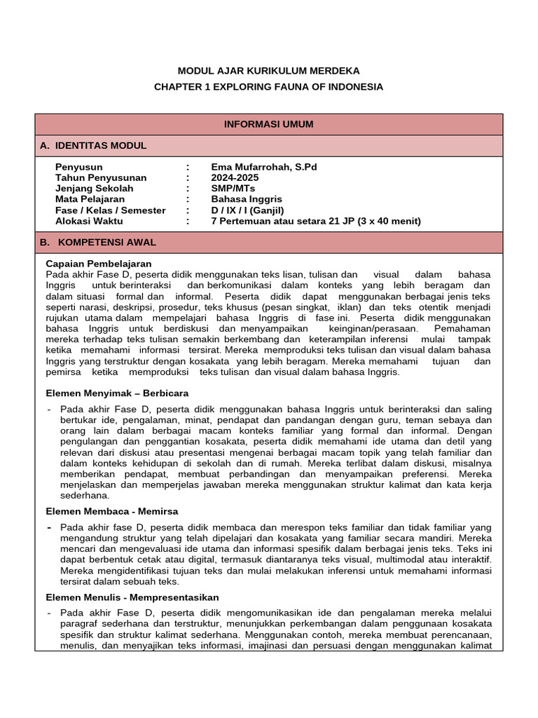 Modul Ajar Fauna Indonesia Kelas 9 | PDF