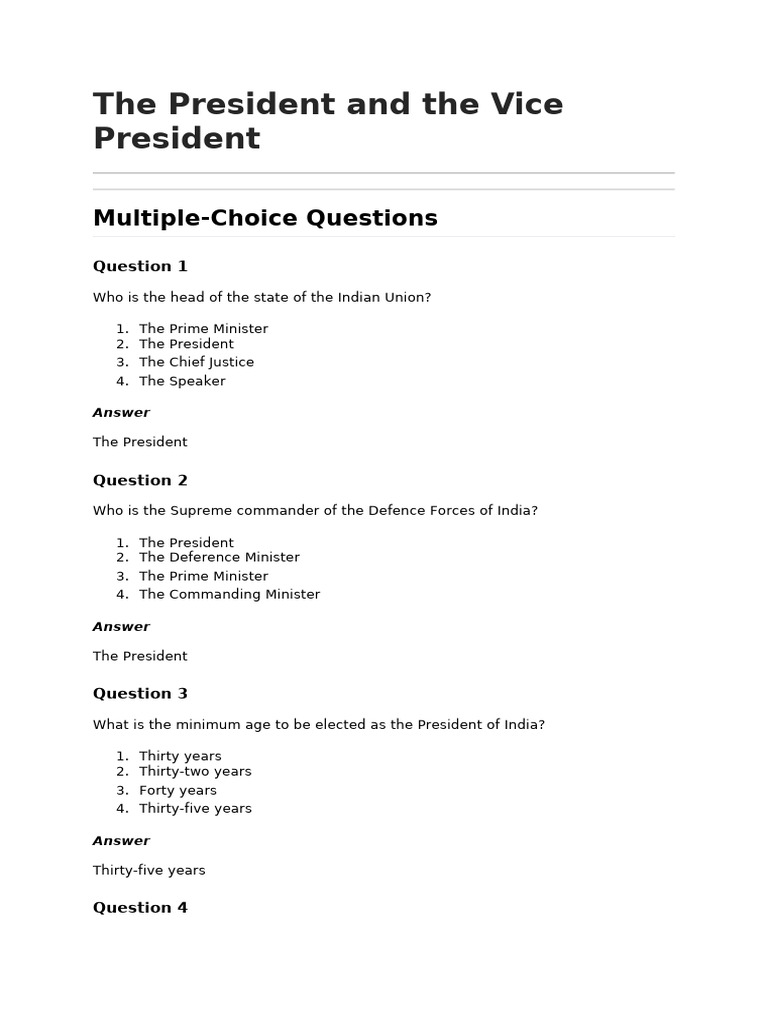 The President and The Vice President Q and A | PDF | Government Of ...