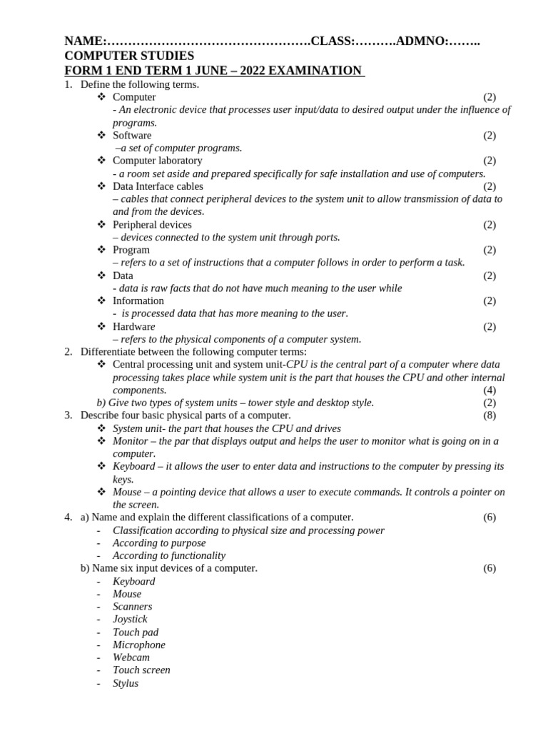 COMPUTER STUDIES F1T1 2022 MS | PDF | Input/Output | Computer Engineering