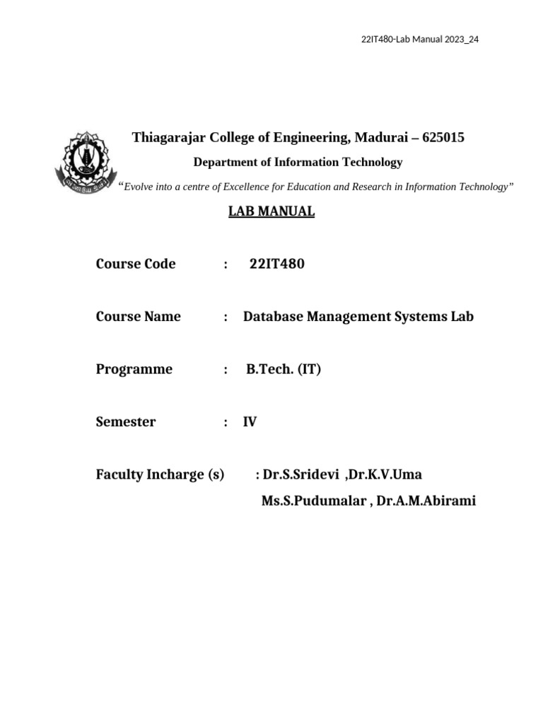 22it480 Dbms Labmanual Updated | PDF | Table (Database) | Databases
