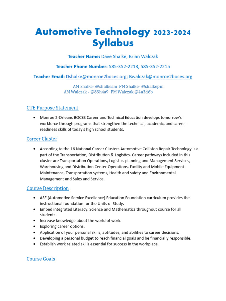 Automotive Technology Syllabus 2023-2024 | PDF | Vocational Education