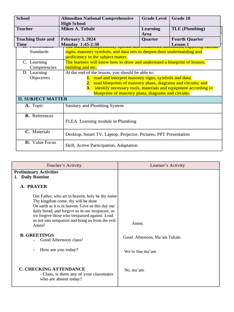 Grade 10 LESSON PLAN IN PLUMBING | PDF | Plumbing | Door