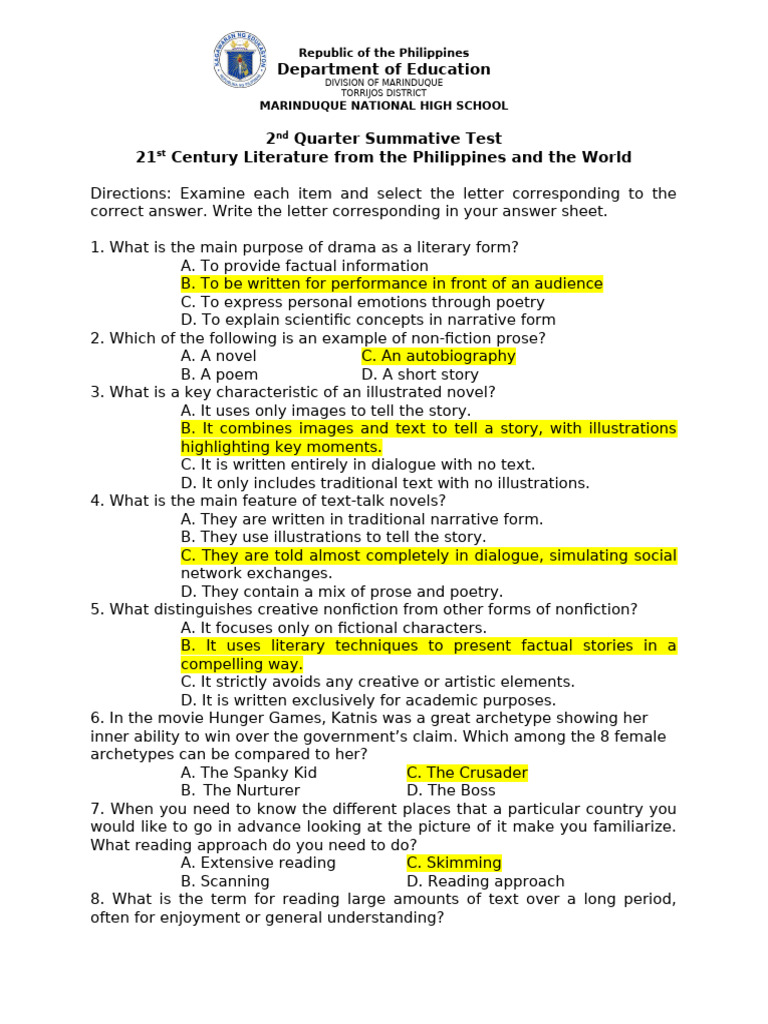 ANSWER KEY | PDF | Poetry | Narrative