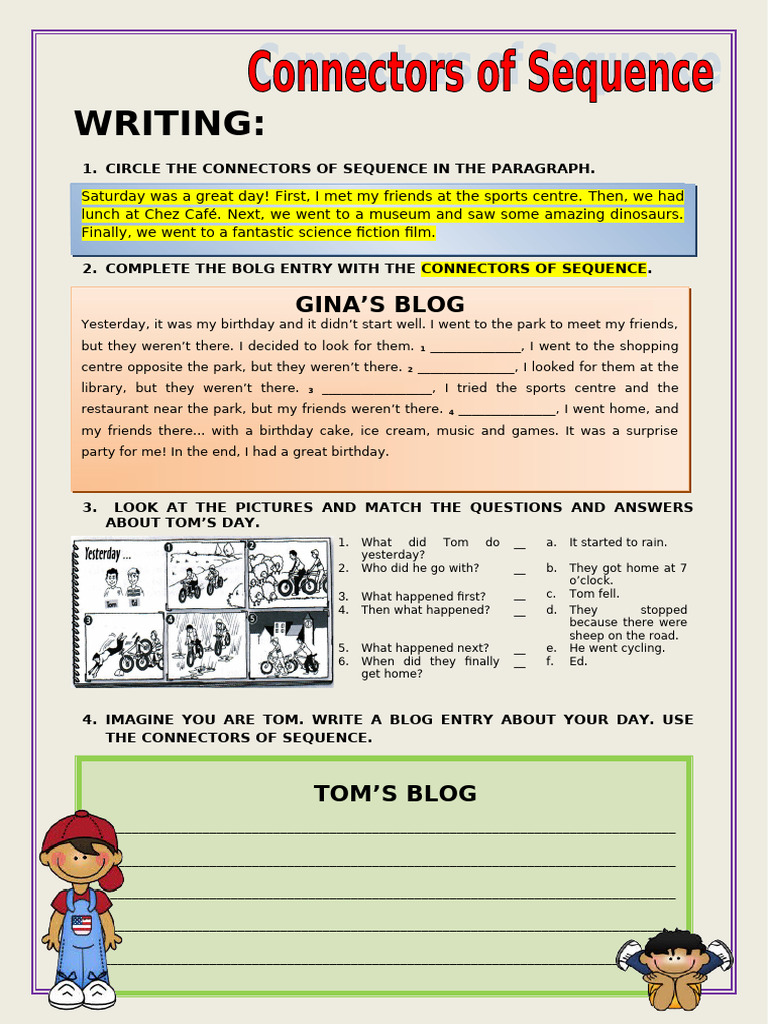 Writing Connectors of Sequence Picture Description Exercises Tests ...