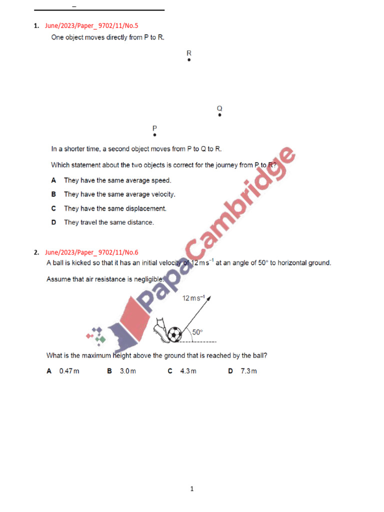 AS Physics 9702 Kinematics Papers | PDF