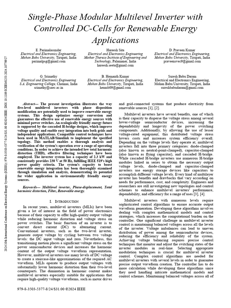 Single-Phase Modular Multilevel Inverter With Controlled DC-Cells For ...