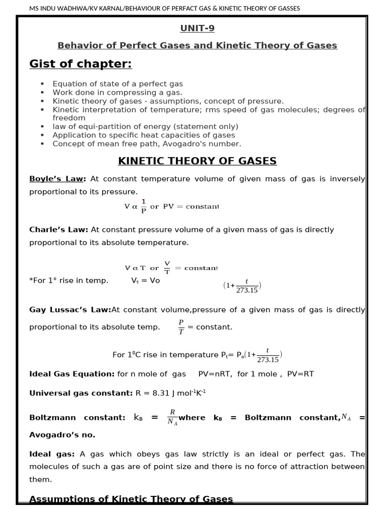 Unit-9 Behaviour of Perfect Gas & Kinetic Theory of Gasses | PDF ...