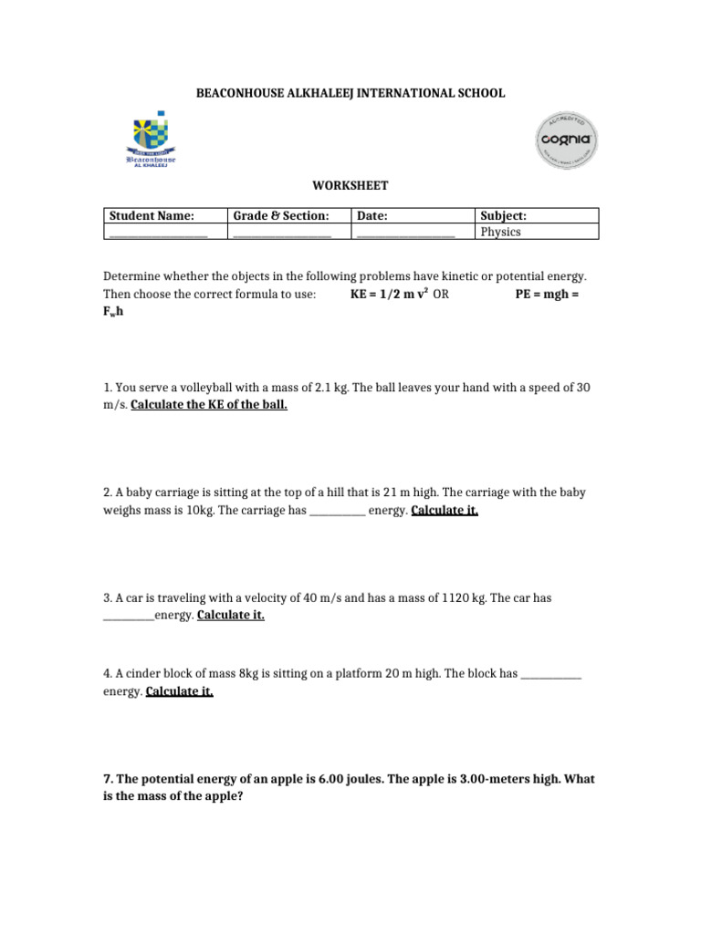 KE and PE Worksheet | PDF