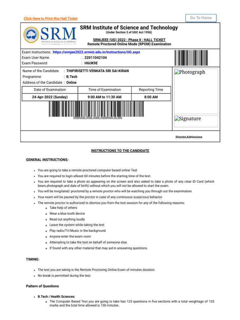 SRM 2022 Online Examination Slot Selection | PDF