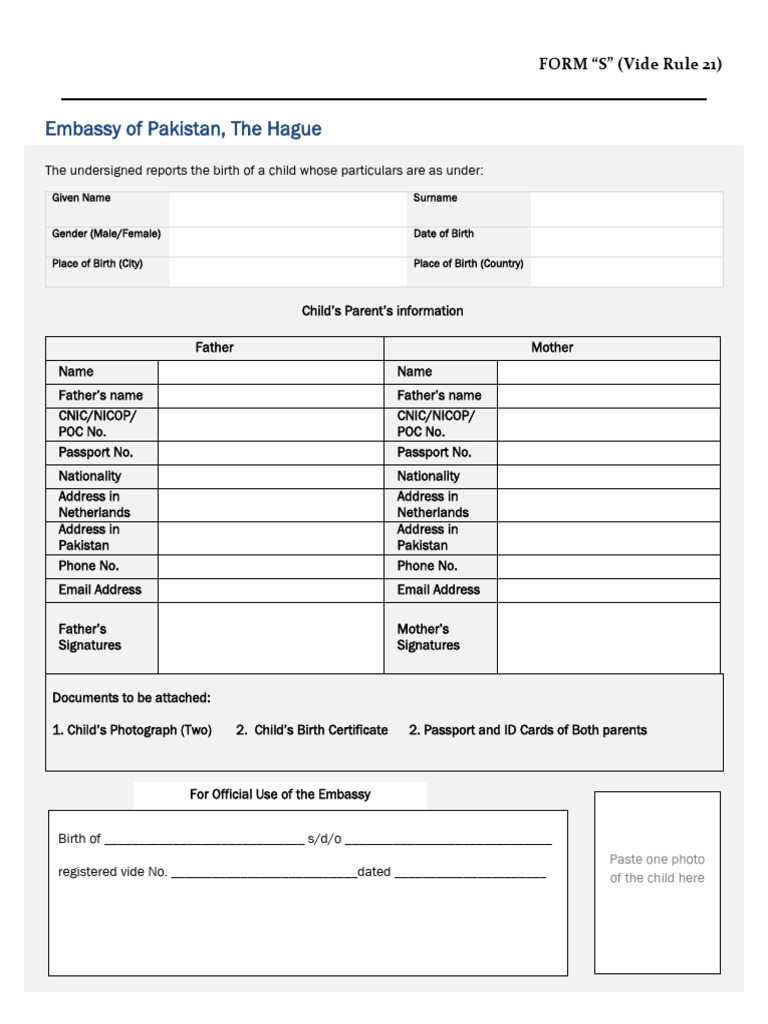 Birth Registration Form for Pakistanis Abroad | PDF