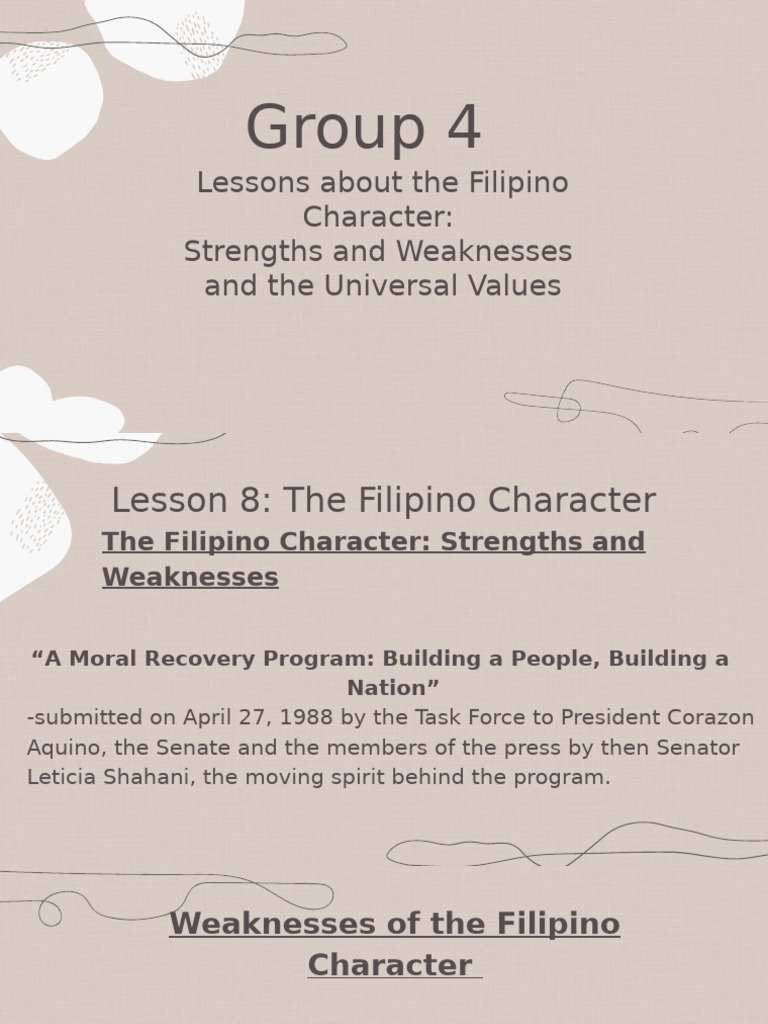Lessons About The Filipino CharacterStrengths and Weaknesses and The Universal Values | PDF ...