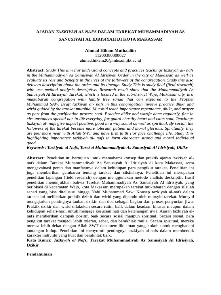 Tazkiyah al-Nafs dalam Tarekat Muhammadiyah | PDF