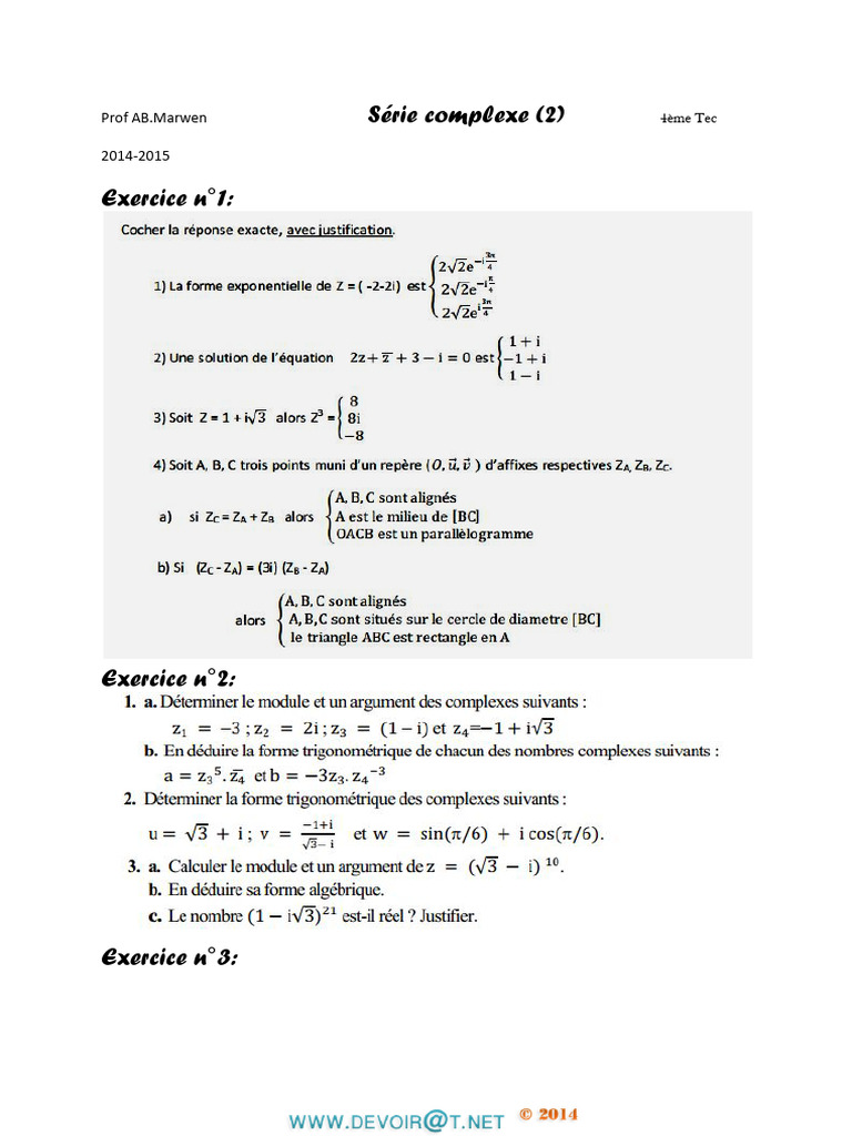 Série D'exercices N°2 - Math Complexe - Bac Technique (2013-2014) MR AB - Marwen | PDF