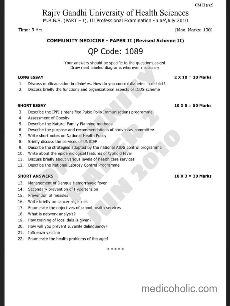 3rd Year MBBS Question Papers RGUHS Community Medicine Paper 2 | PDF