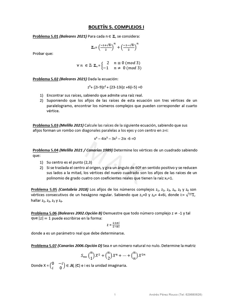 Problemas de Complejos Matemáticos | PDF | Número complejo | Ecuaciones