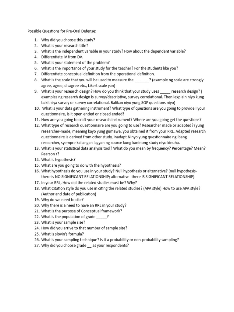 Pre-Oral Defense Research Questions Guide | PDF | Questionnaire ...