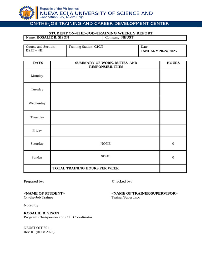 NEUST OJT F011 Weekly Report 1 | PDF