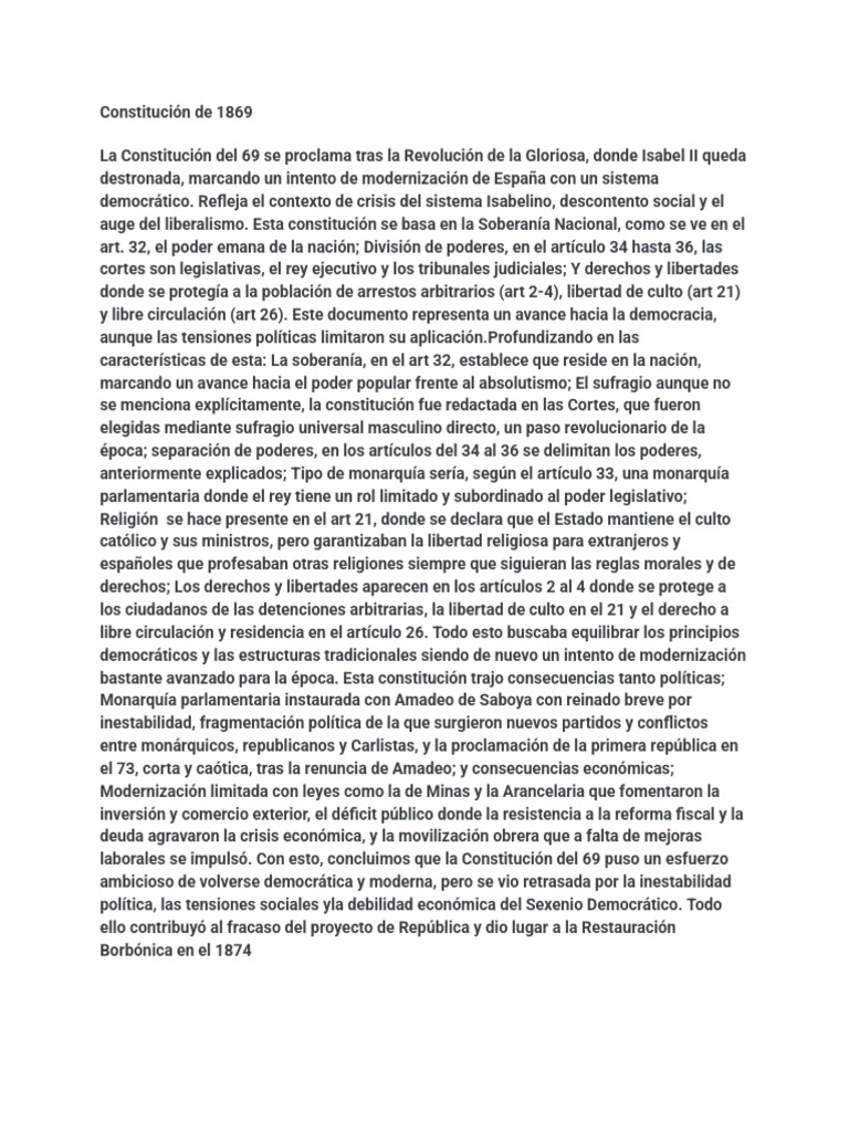 Comentario Constitución 1869 | PDF | Constitución | Ciencias Políticas