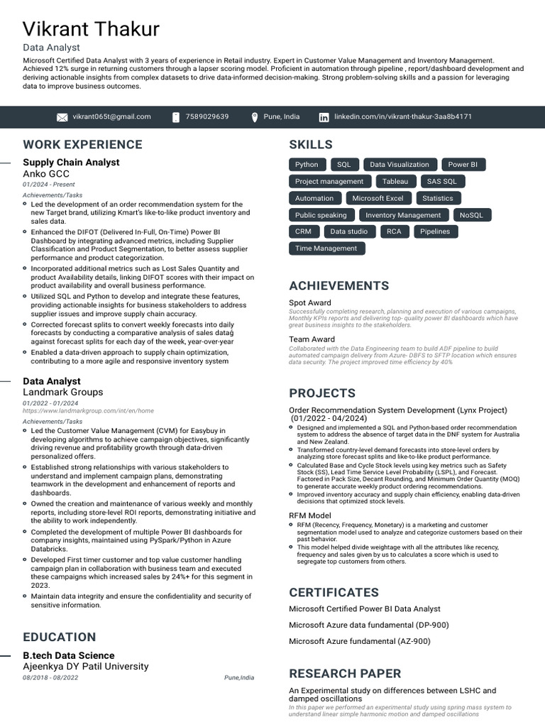 Vikrant Thakur 3yrs Data Analyst | PDF | Forecasting | Business