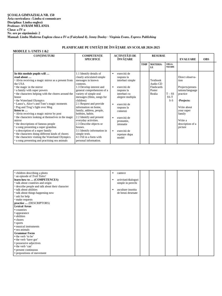 Planificari Unitati de Invatare Fairyland 4.1 | PDF | Grammar | Linguistic Morphology
