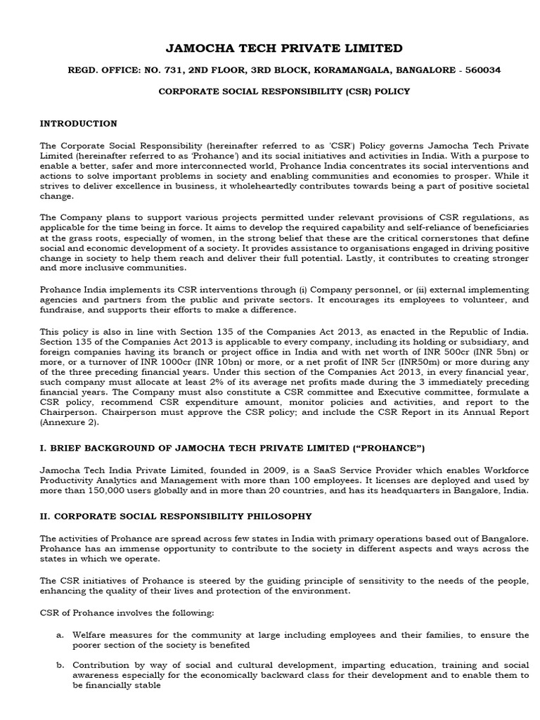 CSR_Policy_Jamocha | PDF | Corporate Social Responsibility | Policy