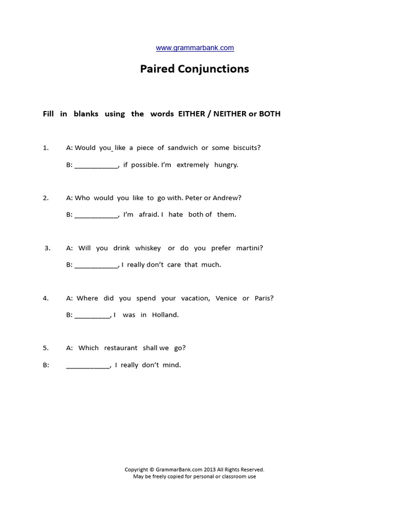 Paired Conjunctions Worksheet | PDF