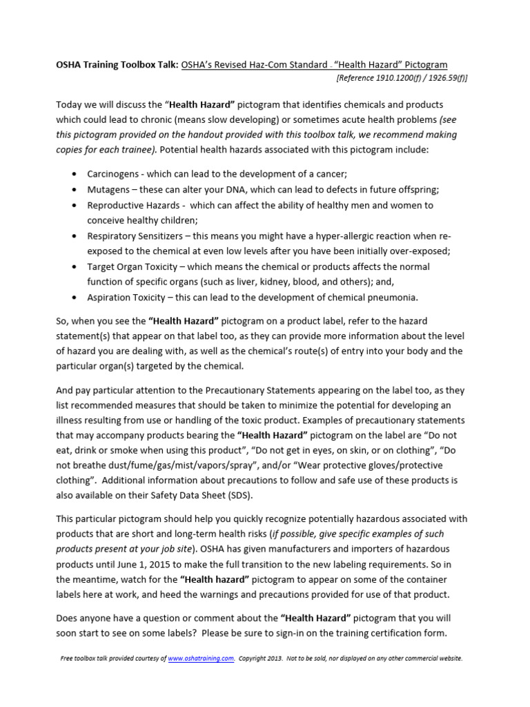 OSHA Training Toolbox Talk OSHAs Revised Hazard Communication Standard ...