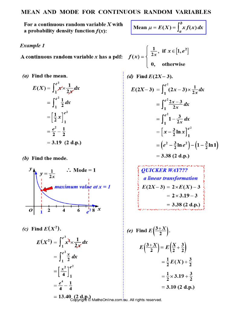 Mean and Mode for Continuous Random Variable summary | PDF