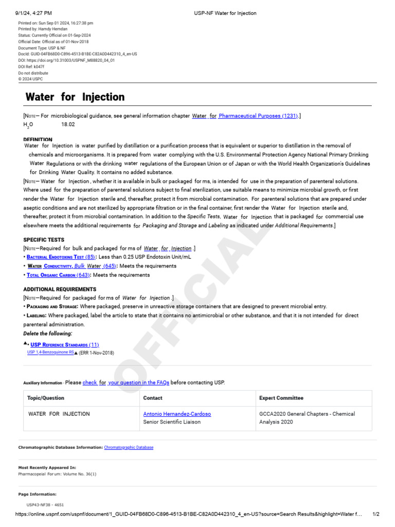 USP Water for Injection Monograph | PDF | Water | Drinking Water