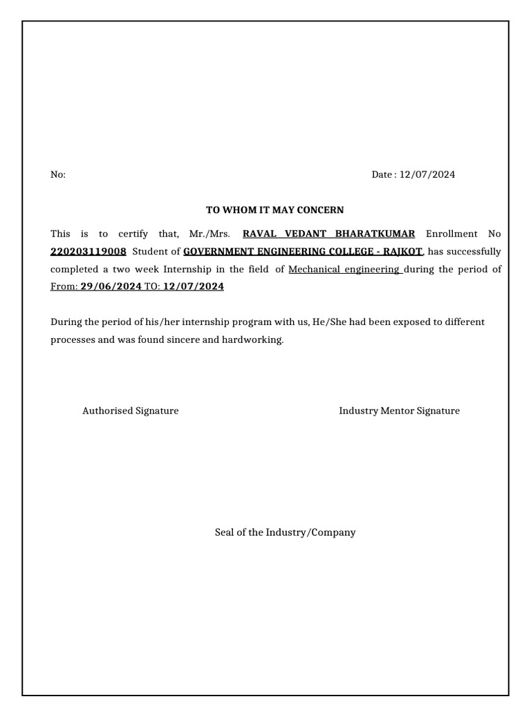 Vedant Internship Certificate | PDF