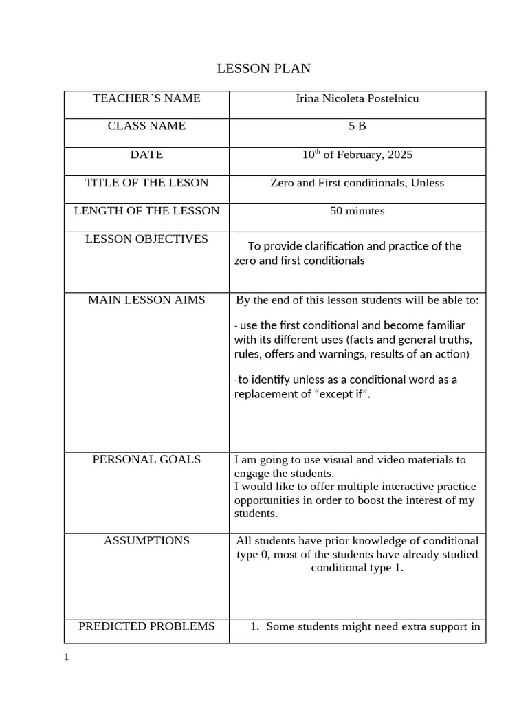 L2 - Grammar - Conditionals - Lesson Plan | PDF | Teachers | Cognition