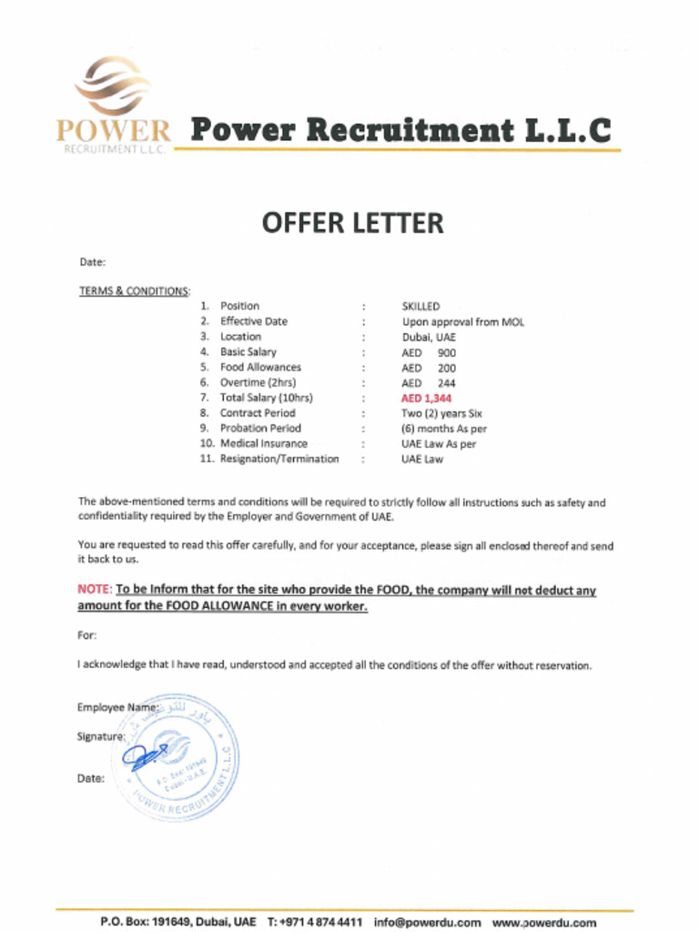 Power Offer Letter - Skilled. | PDF