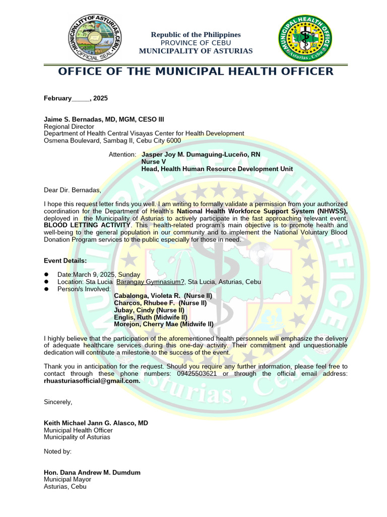 FINALIZED LETTER FOR CTO REQUEST BLOOD LETTING ACTIVITY For March 2025 | PDF