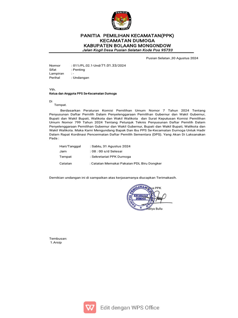 Undangan Rapat Koordinasi DPS | PDF