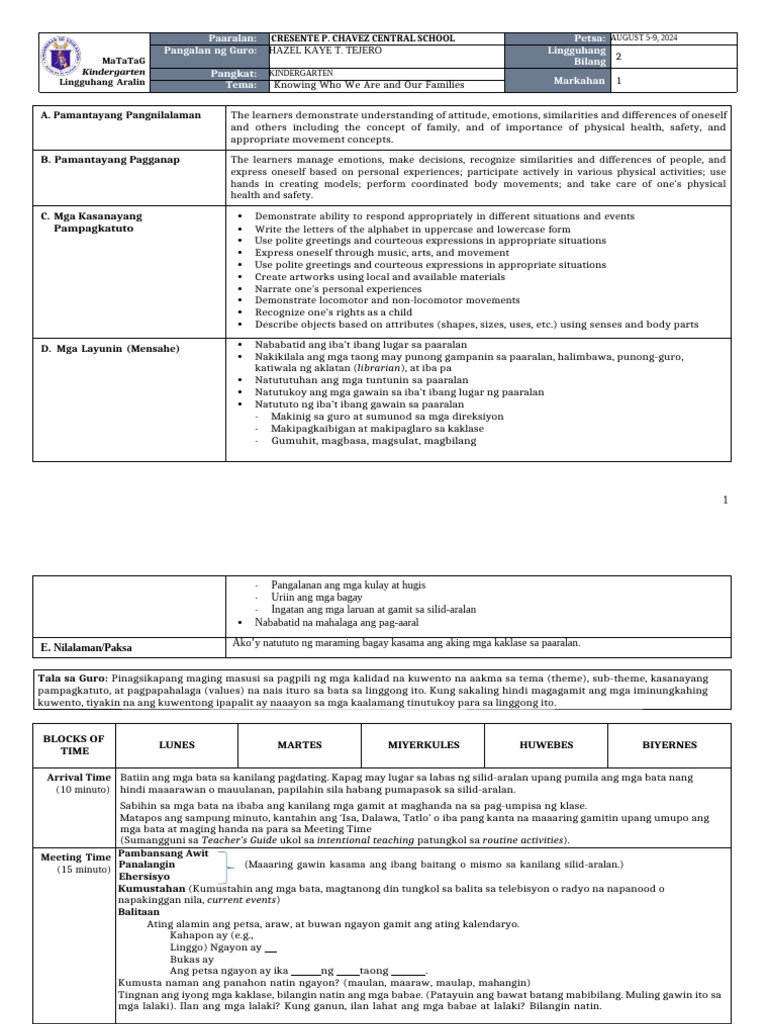 DLL Kindergarten q1 w2 | PDF