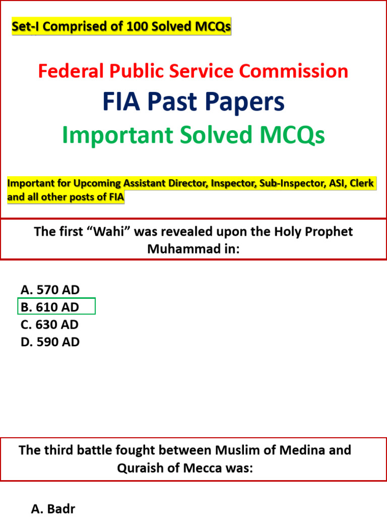 FIA Past Paper MCQs for Assistant Posts | PDF
