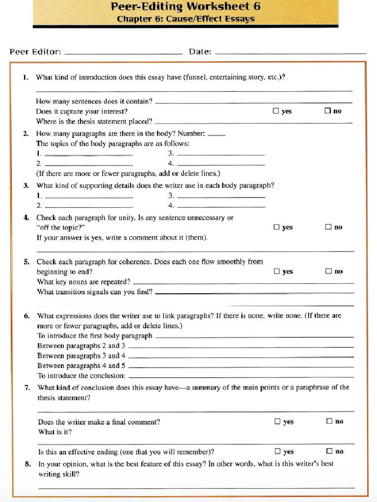 Peer Rubric Cause Effect Essay | PDF