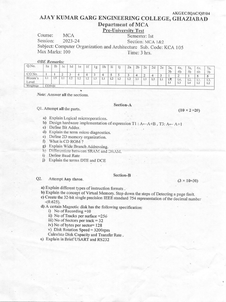 Computer Organization and Architecture KCA-105 PUT Sol ODD 23-24 | PDF