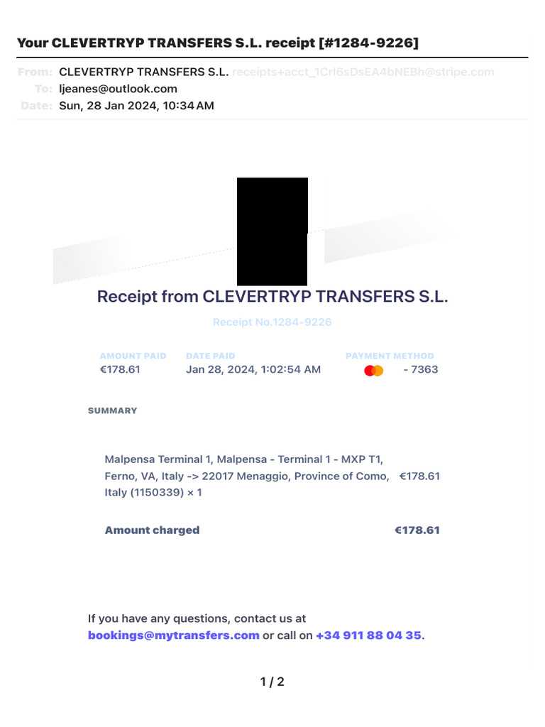 CLEVERTRYP TRANSFERS Receipt #1284-9226 | PDF