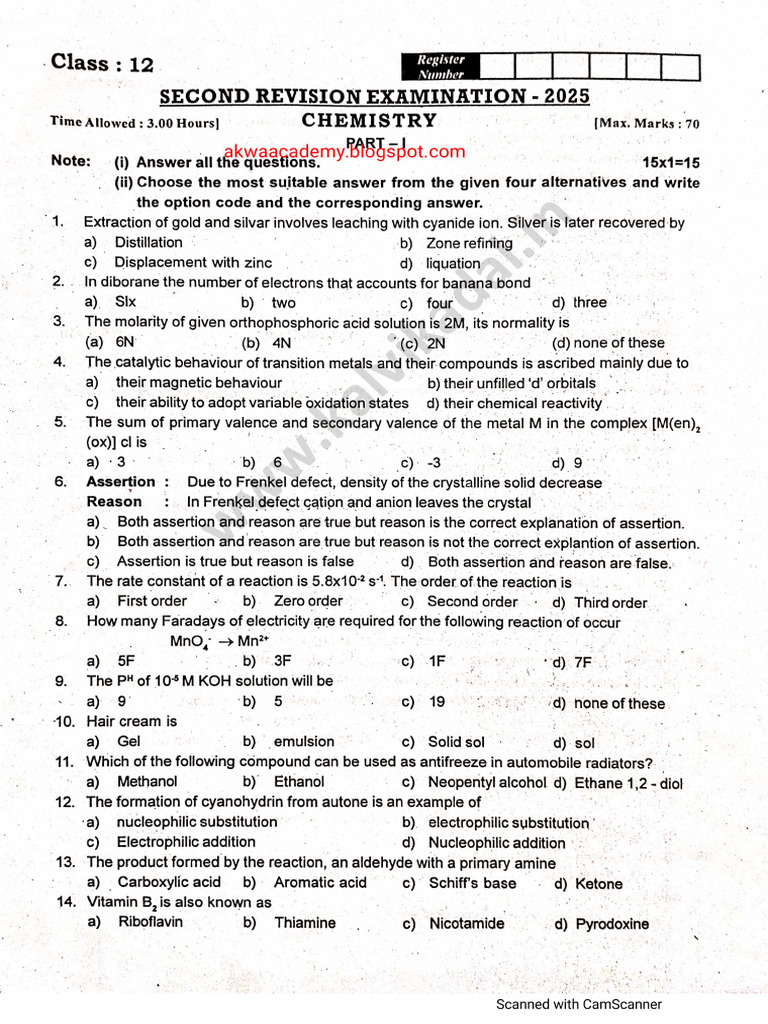 12th Chemistry 2nd Revision Test QP EM | PDF