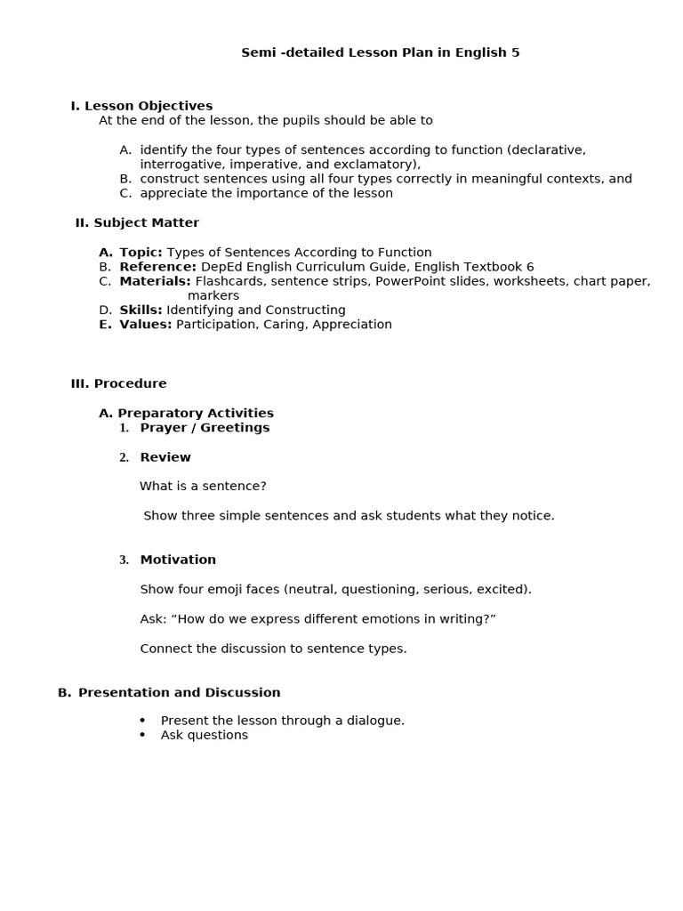 Lesson Plan_-four types of sentences according to function | PDF ...